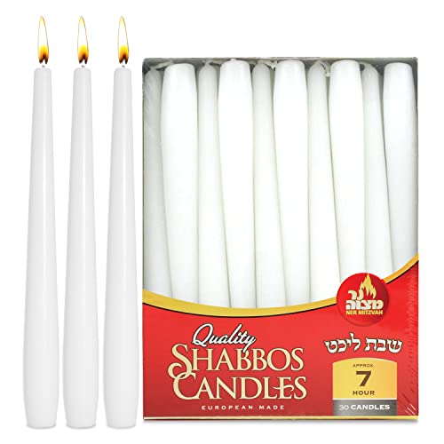 Classic White Taper Candles – 8 Inch – 30 Bulk Pack – for Shabbat, Dinner Tables, Restaurants, Ceremonies and Emergency - 7 Hour Burn Time