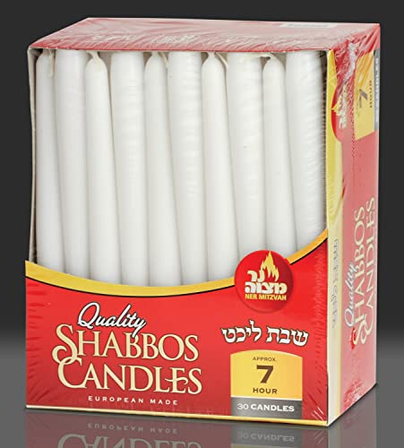 Classic White Taper Candles – 8 Inch – 30 Bulk Pack – for Shabbat, Dinner Tables, Restaurants, Ceremonies and Emergency - 7 Hour Burn Time