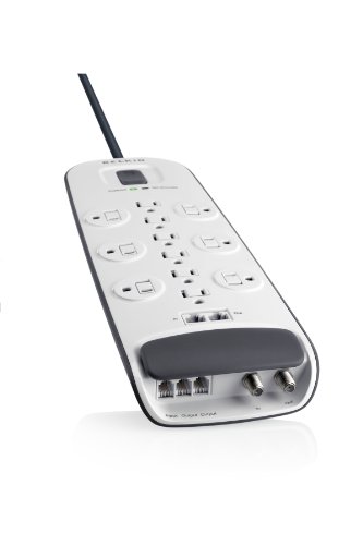 Belkin Power Strip Surge Protector - 12 AC Multiple Outlets, Ethernet & Cable Protection - 8 ft Long Extension Cord for Home, Office, Travel, Computer Desktop & Charging Brick - 4000 Joules, White