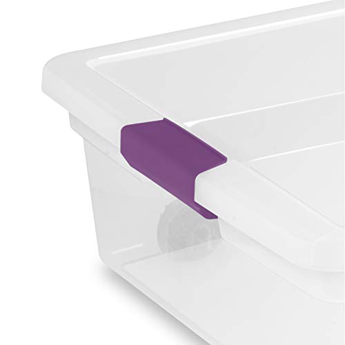 Sterilite 17611704 60 Quart/57 Liter ClearView Latch Wheeled Underbed Box, Clear Lid and Base with Sweet Plum Latches and Wheels, 4-Pack