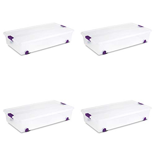 Sterilite 17611704 60 Quart/57 Liter ClearView Latch Wheeled Underbed Box, Clear Lid and Base with Sweet Plum Latches and Wheels, 4-Pack