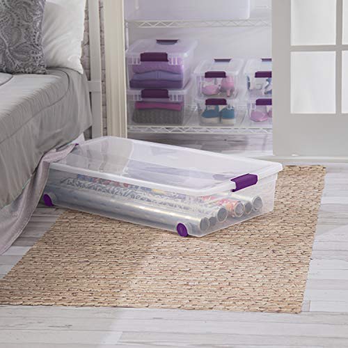 Sterilite 17611704 60 Quart/57 Liter ClearView Latch Wheeled Underbed Box, Clear Lid and Base with Sweet Plum Latches and Wheels, 4-Pack