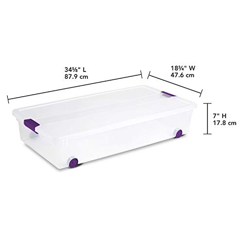 Sterilite 17611704 60 Quart/57 Liter ClearView Latch Wheeled Underbed Box, Clear Lid and Base with Sweet Plum Latches and Wheels, 4-Pack