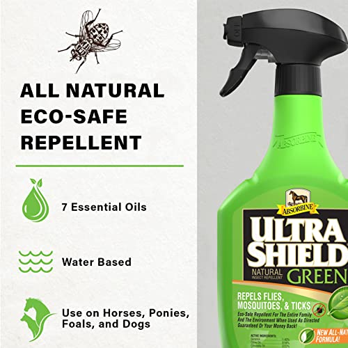 Absorbine UltraShield Green All-Natural Fly Spray for Horses & Dogs, Essential Botanical Oil Eco-Safe Formula Repels & Controls Ticks, Flies, Mosquitoes, Gnats, 32oz Quart Spray Bottle