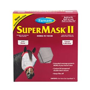 SuperMask II Fly Mask Without Ears for Average Size Horses, Full Face Coverage and Eye Protection from Insect Pests, Structured Classic Styling Mesh with Plush Trim, Horse Size