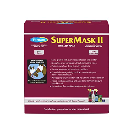 SuperMask II Fly Mask Without Ears for Average Size Horses, Full Face Coverage and Eye Protection from Insect Pests, Structured Classic Styling Mesh with Plush Trim, Horse Size