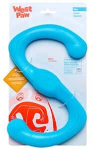 west paw zogoflex bumi dog tug toy – s-shaped, lightweight chew toys for fetch, play, pet exercise – tug of war soft flinging squishy chewy toy for dogs – guaranteed, latex-free, large 9.5", aqua blue