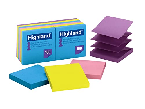 Highland Pop-up Sticky Notes, 3 x 3 Inches, Assorted Bright Colors, 12 Pack (6549-PUB)