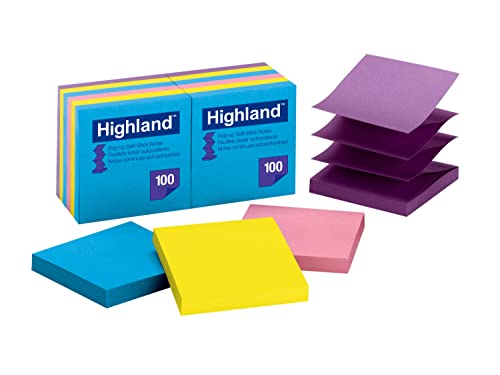 Highland Pop-up Sticky Notes, 3 x 3 Inches, Assorted Bright Colors, 12 Pack (6549-PUB)