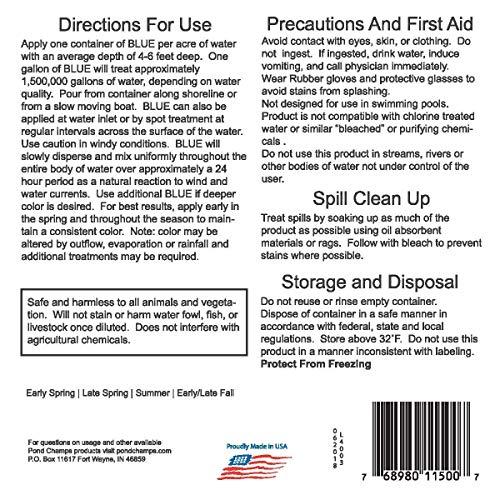 Pond Champs Blue Lake and Pond Dye - One Gallon of Professional Lake & Pond Dye - Treats Up to 1 Acre - Royal Blue Color - Safe for Fish, Wildlife, Pets & Children