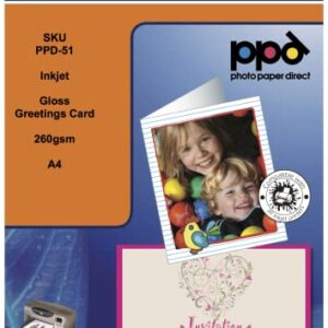 PPD 20 Inkjet Printable Greeting Cards A4 Pre-Scored to A5 260gsm Gloss Inc Envelopes PPD-51-ENV-20