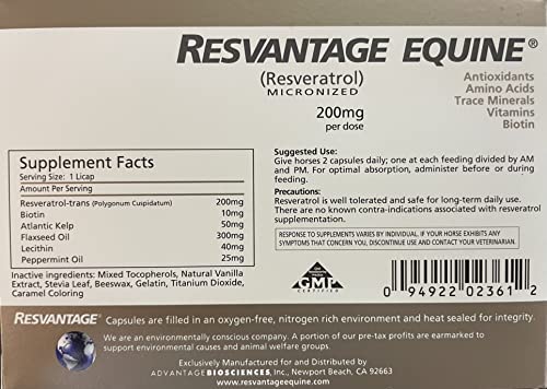 Resvantage Equine Supplement 60 chewable resveratrol Liquid Filled Capsules for Horses