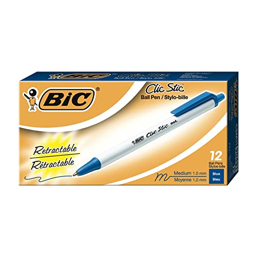 BIC® Clic Stic® Retractable Pens, Medium Point, 1.0 mm, White Barrel, Blue Ink, Pack Of 12