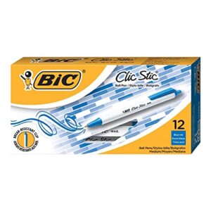 BIC® Clic Stic® Retractable Pens, Medium Point, 1.0 mm, White Barrel, Blue Ink, Pack Of 12