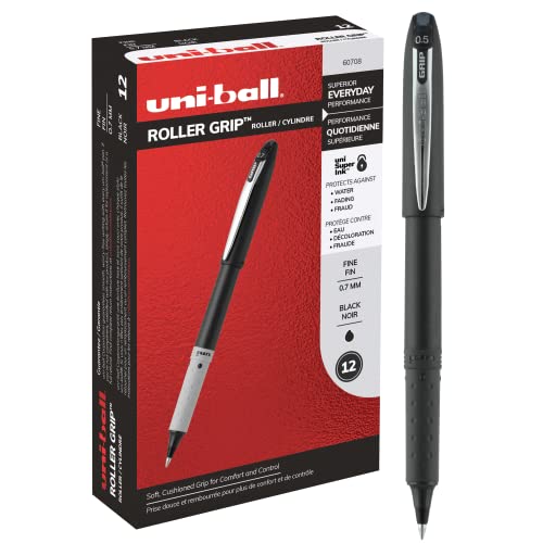 uni-ball Roller Grip Rollerball Pens Fine Point, 0.7mm, Black, 12 Pack