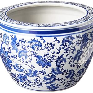 Oriental Furniture 12" Floral Blue & White Porcelain Fishbowl