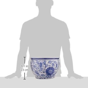 Oriental Furniture 12" Floral Blue & White Porcelain Fishbowl