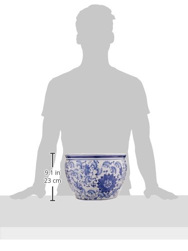 Oriental Furniture 12" Floral Blue & White Porcelain Fishbowl