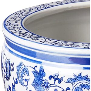 Oriental Furniture 12" Floral Blue & White Porcelain Fishbowl