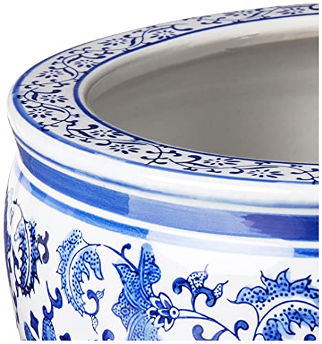 Oriental Furniture 12" Floral Blue & White Porcelain Fishbowl