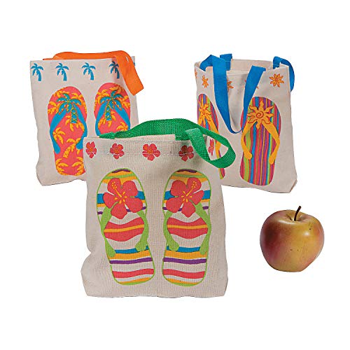 Fun Express Canvas Flip Flop Tote Bags. Multicolor (12 Pack) 8" X 2 1/2 X 8 1/2 with 5 1/2 Handles. Poly-cotton.