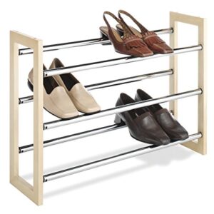 Whitmor 3 Tier Expandable Shoe Rack -Stackable - Natural Wood and Chrome