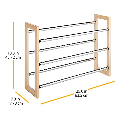 Whitmor 3 Tier Expandable Shoe Rack -Stackable - Natural Wood and Chrome