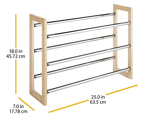 Whitmor 3 Tier Expandable Shoe Rack -Stackable - Natural Wood and Chrome