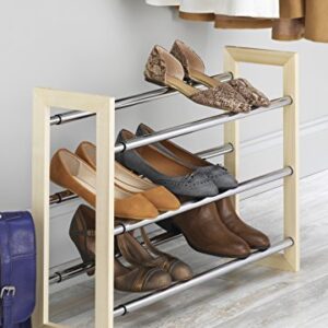 Whitmor 3 Tier Expandable Shoe Rack -Stackable - Natural Wood and Chrome