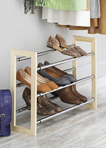 Whitmor 3 Tier Expandable Shoe Rack -Stackable - Natural Wood and Chrome