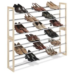 Whitmor 3 Tier Expandable Shoe Rack -Stackable - Natural Wood and Chrome