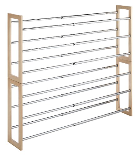 Whitmor 3 Tier Expandable Shoe Rack -Stackable - Natural Wood and Chrome