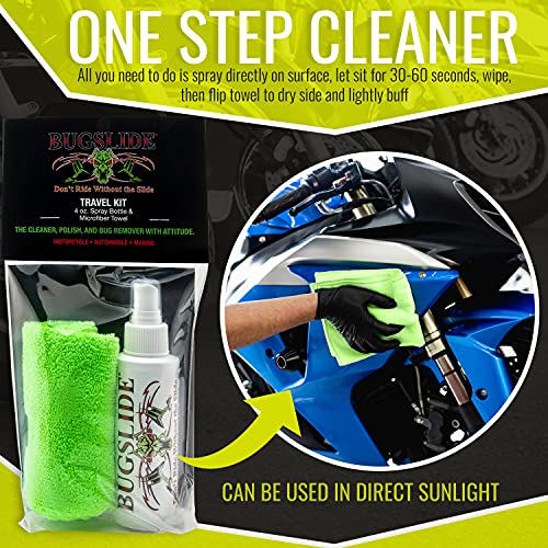 Bugslide 4 Oz Travel Kit with Cleaner with Microfiber Towel - Multisurface Cleaning and Car Detailing Solution That Shines and Degreases Your Car, Convenient Size for Travel