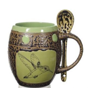 ALWAYS AZUL POTTERY Hummingbird Mug with Spoon in Avocado Green - Handmade Ceramic Coffee Mug - Stylish and Unique Handcrafted Artistic Drinkware - Polished Clay Cups, Great for Coffee, Tea, & More