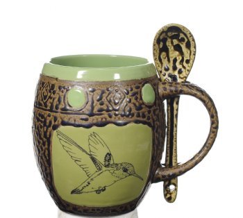 ALWAYS AZUL POTTERY Hummingbird Mug with Spoon in Avocado Green - Handmade Ceramic Coffee Mug - Stylish and Unique Handcrafted Artistic Drinkware - Polished Clay Cups, Great for Coffee, Tea, & More