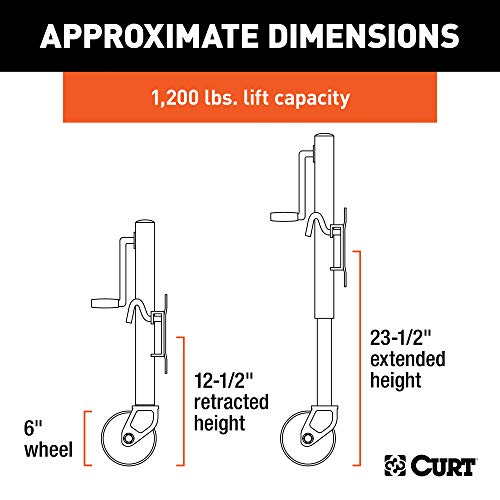 CURT 28112 Marine Boat Trailer Jack with 6-Inch Wheel, 1,200 lbs. 11 Inches Vertical Travel, CLEAR ZINC