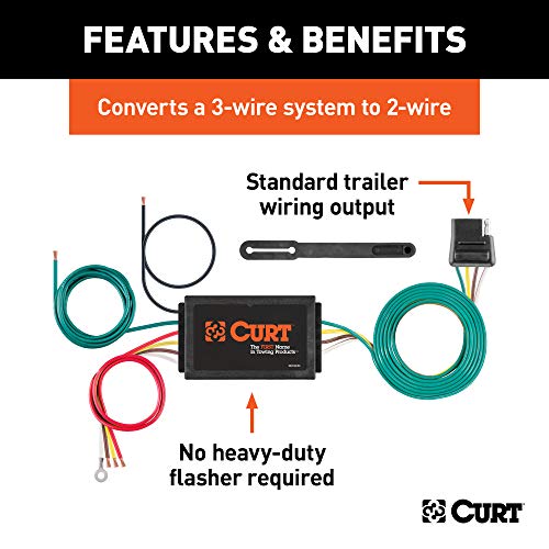 CURT 56190 Powered 3-to-2-Wire Splice-in Trailer Tail Light Converter, 4-Pin Wiring Harness , Black