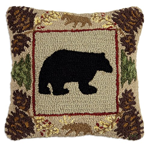 Chandler 4 Corners Artist-Designed Northwoods Bear Hand-Hooked Wool Decorative Throw Pillow (18” x 18”) Wildlife Pillow for Couches & Beds - Easy Care & Low Maintenance Nature & Wilderness Pillow