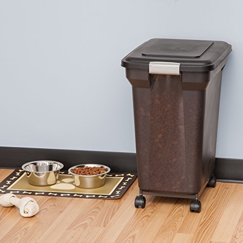 IRIS USA 42 Lbs / 55 Qt WeatherPro Airtight Pet Food Storage Container with Attachable Casters, For Dog Cat Bird and Other Pet Food Storage Bin, Keep Pests Out, Easy Mobility, BPA Free, Smoke