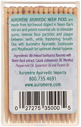 Auromere Ayurvedic Neem Toothpicks - Vegan, Natural, Non GMO, Made from Birchwood (100 Count) (1 Pack)