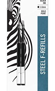 Zebra Pen F-Series Ballpoint Stainless Steel Pen Refill, Bold Point, 1.6mm, Black Ink, 2-Count