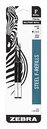 Zebra Pen F-Series Ballpoint Stainless Steel Pen Refill, Bold Point, 1.6mm, Black Ink, 2-Count