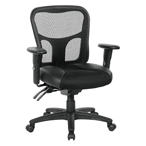 Office Star ProGrid Breathable High Back Manager's Chair with Leather and Mesh Seat, Adjustable Height and Arms, Dual Function Control, and 360 Degree Swivel, Black