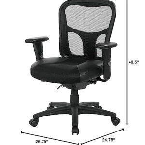 Office Star ProGrid Breathable High Back Manager's Chair with Leather and Mesh Seat, Adjustable Height and Arms, Dual Function Control, and 360 Degree Swivel, Black