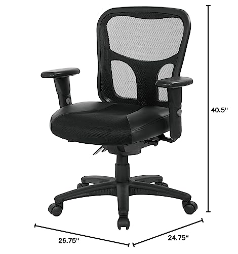 Office Star ProGrid Breathable High Back Manager's Chair with Leather and Mesh Seat, Adjustable Height and Arms, Dual Function Control, and 360 Degree Swivel, Black