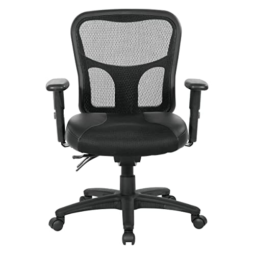 Office Star ProGrid Breathable High Back Manager's Chair with Leather and Mesh Seat, Adjustable Height and Arms, Dual Function Control, and 360 Degree Swivel, Black