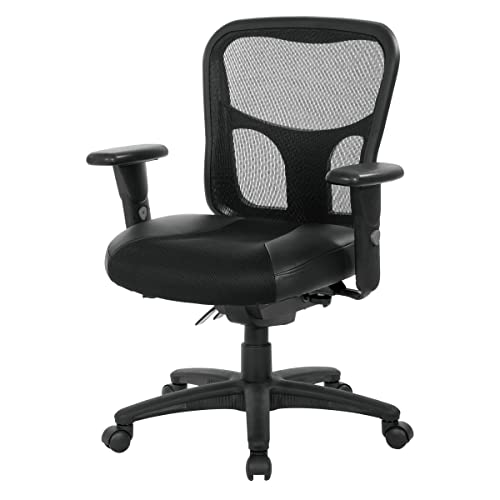 Office Star ProGrid Breathable High Back Manager's Chair with Leather and Mesh Seat, Adjustable Height and Arms, Dual Function Control, and 360 Degree Swivel, Black