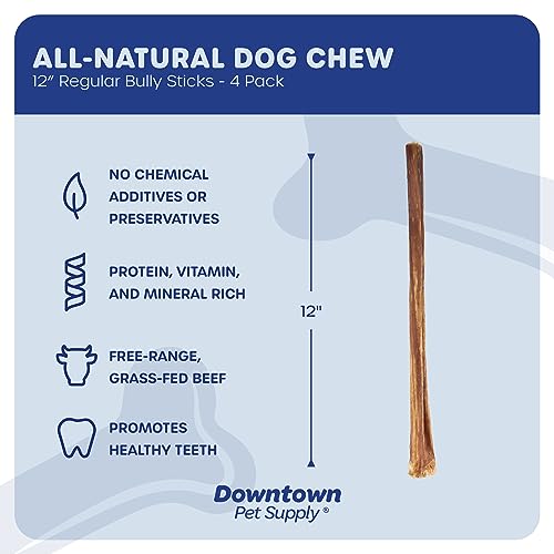 Downtown Pet Supply 12 inch 4 Pack of Bully Sticks for Medium Dogs & Large Dogs, Single Ingredient, Rawhide-Free Long Lasting Bully Sticks for Large Dogs- No Hide Bullsticks for Bully Stick Holder