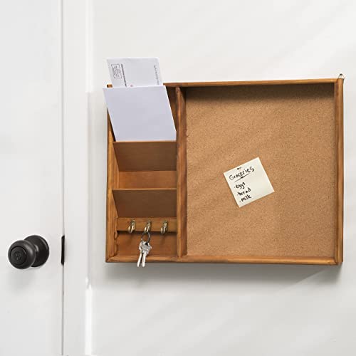 Home Basics Wall Mounted Wood Bulletin Board with Mail Organizer And 3 Hook Key Holder, Pine