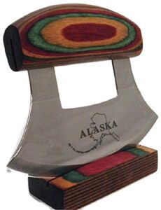 multi-colored exotic wood handled ulu with stand